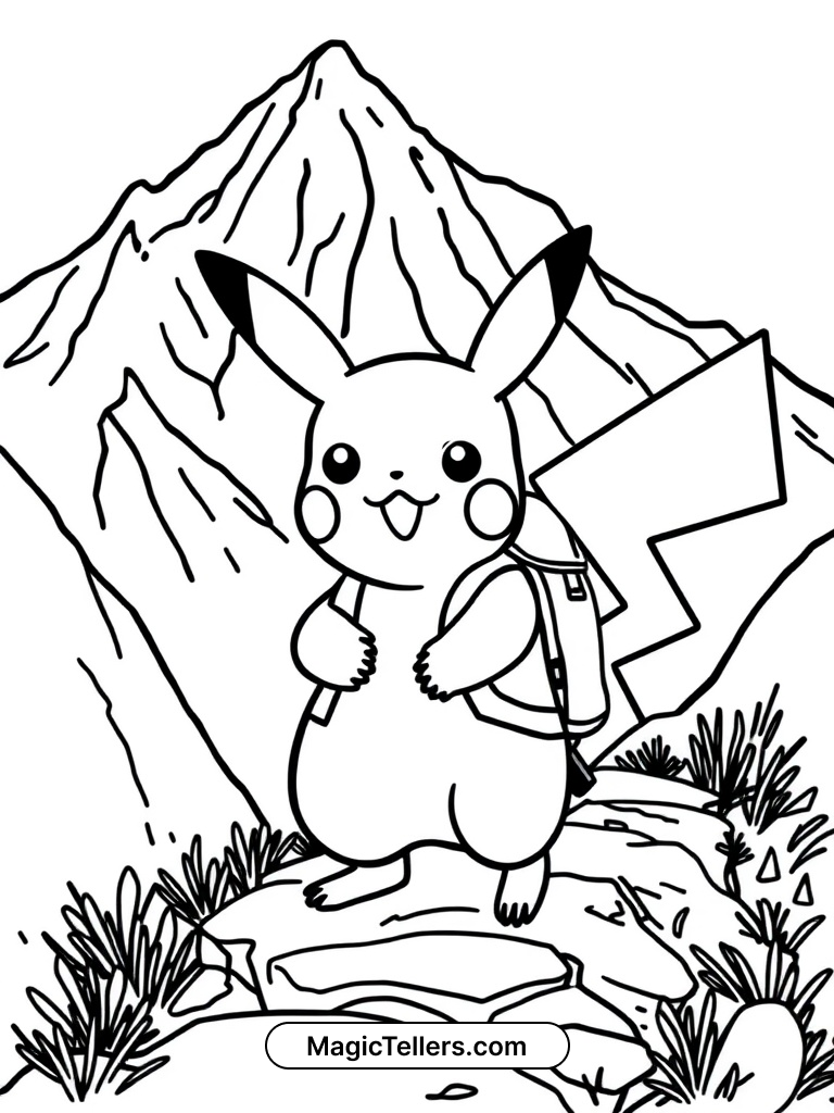 Pikachu Hiking Coloring Page | Mountain Trail | MagicTellers