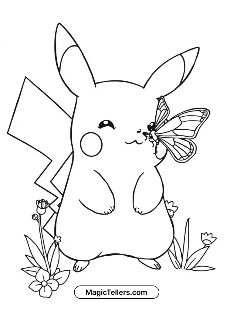 Pikachu Butterfly Coloring Page | Garden Friend | MagicTellers