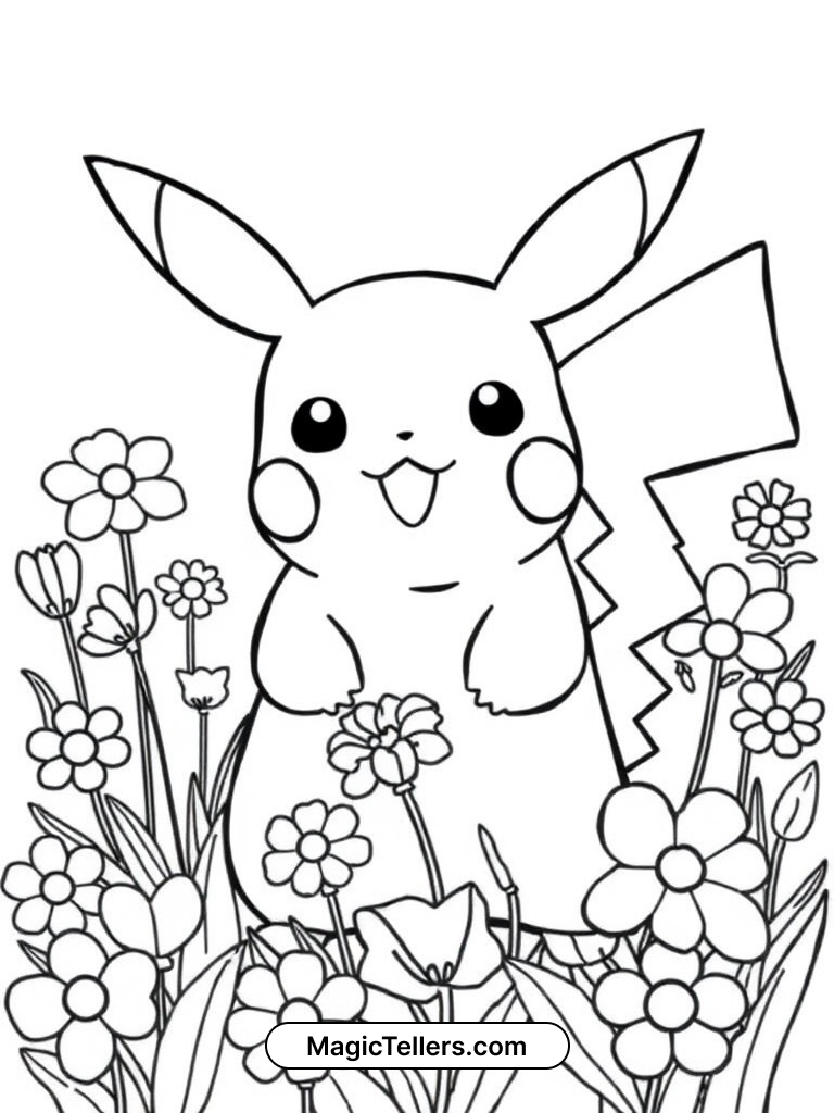 Pikachu with Flowers Coloring Page | Spring Theme | MagicTellers