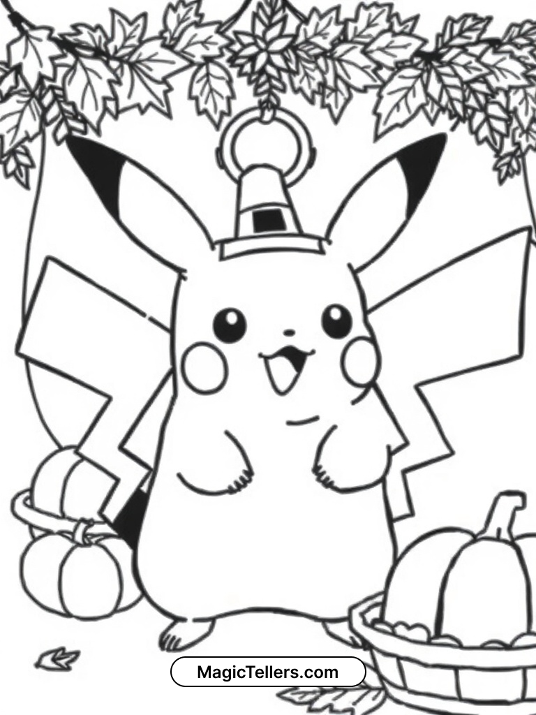 Pikachu Thanksgiving Coloring Page | Harvest Feast | MagicTellers