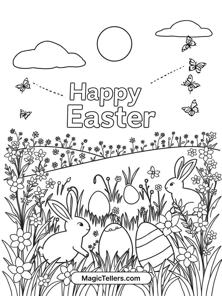 Happy Easter Spring Scene Coloring Page | Printable | MagicTellers