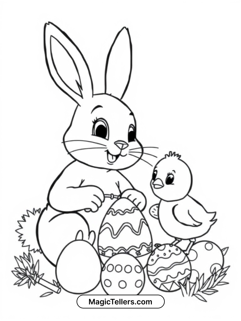 Easter Bunny and Chick Friends Coloring Page | MagicTellers