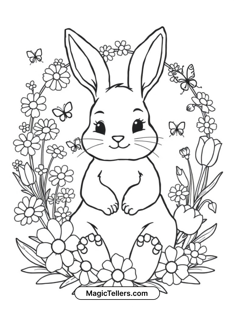 Easter Bunny with Flowers Coloring Page | Printable | MagicTellers